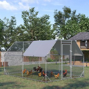 PawHut kurník pro volný výběh pro 10-12 kuřat s dvířky a střechou s vodoodpudivou ochranou proti slunci, Oxford/stříbrná 280x380x195cm