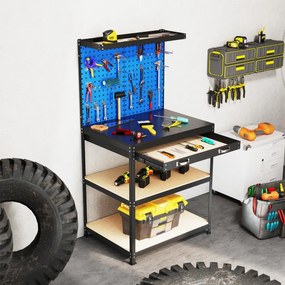 Costway Pracovní stůl nosnost 225 kg s perforovanou stěnou a zásuvkami a – modrý