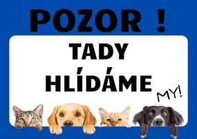 Plechová cedule Tady hlídáme My! Barva: Modrá, Velikost: A5 (20 x 15 cm)