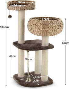 Costway Dřevěný kočičí strom 104 cm s lůžky a hračkou, míčem a provazem