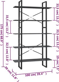 Knihovna s 5 policemi šedá 100 x 30 x 175 cm borové dřevo 3082005