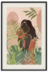 Plakát Žena v zeleni - černá žena mezi rostlinami na abstraktním pozadí