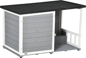 PawHut Zahradní Psí Budka, Dřevěná Psí Budka se 2 Misky, Veranda, Voděodolná Psí Jeskyně s Šikmou Střechou pro Malé Psy, Šedá, 103 x 62 x 60-66 cm | A