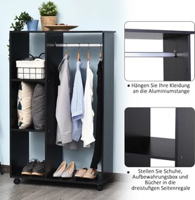 HOMCOM Skříň na kolečkách s otevřeným designem pro oblečení s ramínkovou tyčí a policemi organizátor pro ložnici 80x40x128 cm Černá