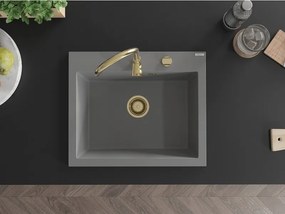 Mexen Elix, 1-komorový granitový dřez 600 x 500 mm, šedý, zlatý sifon - 6525601005-71-G