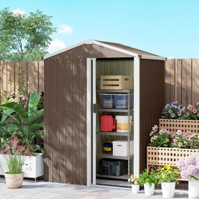 Outsunny kovová zahradní kůlna — 1,18 m² (136 × 87 × 179 cm) | Posuvné dveře, šikmá střecha, včetně rukavic, hnědá
