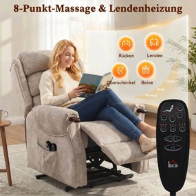 HOMCOM Televizní křeslo s pomocí při vstávání, elektrické relaxační křeslo s vibrační masáží, teplem a funkcí ležení, světle šedá