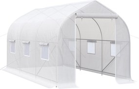 Zahradní skleník Outsunny 4x2x2 m tunelového typu s 6 větracími okny a rolovacím zipovým dveřmi pro pěstování rostlin a zeleniny, bílý | Aosom