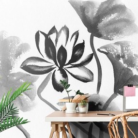 Samolepící tapeta akvarelový černobílý lotosový květ - 150x100 cm