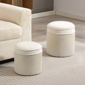 HOMCOM 2ks Sedací taburet s úložným prostorem, taburet s víkem, kulatý nožní stolička s sametovým vzhledem 36 x 41,5 cm krémově bílá