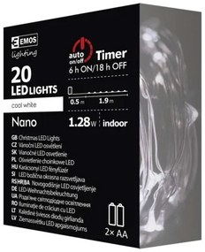 Vánoční osvětlení EMOS D3AC07 ZY1950 20LED nano řetěz stříbrný 1,9m 2xAA studená bílá s časovačem