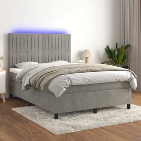 Box spring postel s matrací a LED světle šedá 140x190 cm samet