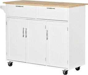 HOMCOM Kuchyňský ostrov na kolečkách, Kuchyňský vozík, Kuchyňský kredenc se 2 šuplíky, 3 dveřmi a bočním barem pro jídelny, 121x46x91 cm, Dub a Bílá |