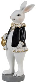 Dekorace králík v černém kabátku držící zlatý měšec – 7x7x20 cm