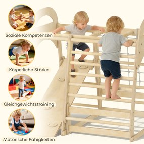 AIYAPLAY Vnitřní horolezecká konstrukce, 6v1 design, skluzavka, lezecké tyče, lezecká stěna, žebřík, lezecká síť, 3-6 let, dřevo