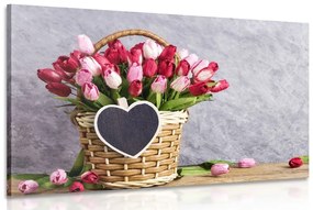 Obraz červené tulipány v dřevěném košíku - 60x40 cm