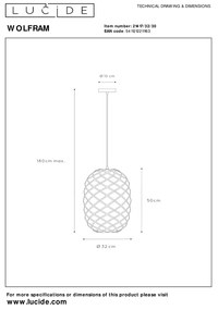 Lucide 21417/32/30 závěsné svítidlo Wolfram černé, E27, ø32cm