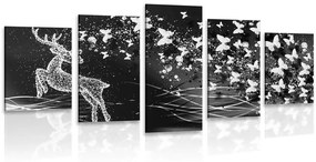 5-dílný obraz nádherný jelen s motýly v černobílém provedení - 200x100 cm