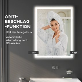 HOMCOM Stmívatelné osvětlené koupelnové zrcadlo 80x60 cm s paměťovou funkcí a povrchem proti zamlžení pro moderní koupelny