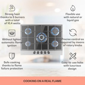 Klarstein Alchemist, plynová varná deska, 5 hliníkových hořáků, sklokeramika, černá