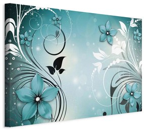 Obraz XXL Tyrkysový sen - květiny a listy na modře zářícím pozadí