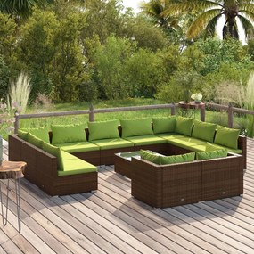 vidaXL 12dílná zahradní sedací souprava s poduškami polyratan [3102084] Barva: Hnědá a zelená