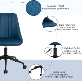 Vinsetto Otočná kancelářská židle Ergonomický design s nastavitelnou výškou 360° otočná pěnová sametová polyesterová modrá 50 x 58 x 77-87 cm