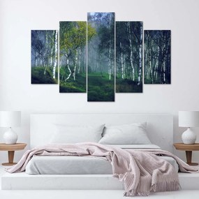 Obraz na plátně pětidílný Březový les v mlze - 200x100 cm
