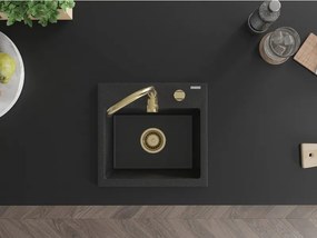 Mexen Milo, granitový dřez 435x410x171 mm, 1-komorový, černá-stříbrná metalíza se zlatým sifonem, 6505441000-73-G