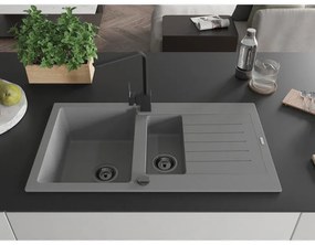 Mexen Matias, granitový dřez 900x505x200 mm, 1,5-komorový a černá baterie Rita, šedá, 6502-71-670300-70-B