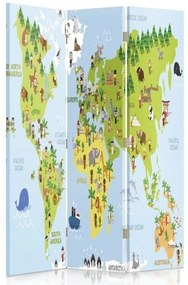 Ozdobný paraván, Mapa světa pro děti - 110x170 cm, třídílný, obustranný paraván 360°