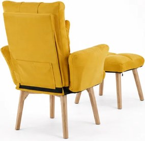 relaxační křeslo, polohovací, s podnožkou, dřevo/textil, 101x85x69 cm, nohy světlé/hořčicová, Dekorino SILVANA