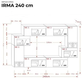 Ral Obývací stěna IRMA 2, 240 cm - Bílo/černý lesk