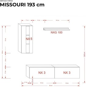Ral Obývací stěna MISSOURI 1, 193 cm - Černý lesk