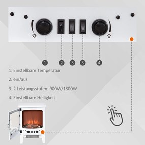 Elektrický krb HOMCOM LED s efektem plamene 900/1800 W z kovu a ABS plastu v bílé barvě 39 x 26 x 54,8 cm pro útulnou atmosféru |