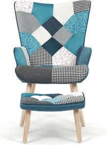 Relaxační křeslo ušák s podnožkou LYRO - modrá patchwork látka