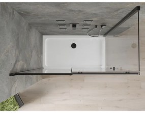 Mexen Omega, sprchový kout s posuvnými dveřmi 140 (dveře) x 80 (stěna) cm, 8mm čiré sklo, černý profil + slim sprchová vanička bílá s černým sifonem, 825-140-080-70-00-4010B