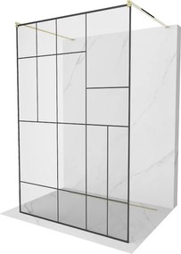 Mexen Kioto, průchozí sprchová zástěna 100 x 200 cm, 8mm sklo čiré/černý vzor, 2x zlatá stabilizační rozpěra, 800-100-002-50-78