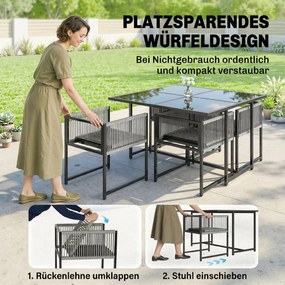 Outsunny 5dílný venkovní jídelní set – čtvercový stůl se skleněnou deskou a 4 skládací provazové židle, světle šedá