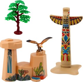 LEAN Toys Sada figurek indiánská vesnice indiáni kánoe totem
