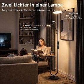 HOMCOM LED stropní reflektor s odkládacím stolkem a čtecí lampou, stmívatelná stojací lampa s dálkovým ovládáním, 4 barevné teploty