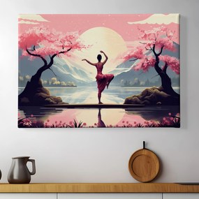 Obraz na plátně - BALANC, žena stojící mezi sakurami, Japonsko FeelHappy.cz Velikost obrazu: 120 x 80 cm