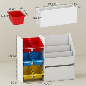 AIYAPLAY úložný nábytek pro děti, úložný box na hračky s 6 vyjímatelnými boxy a velkou pojízdnou krabicí, 100x30x80 cm, vícebarevný