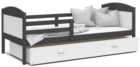 Dětská postel MATYAS P 90x200 cm s šedou konstrukcí v bílé barvě se šuplíkem.
