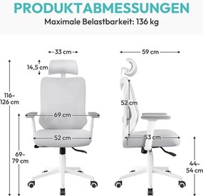 Kancelářská židle – světle šedá & bílá, 70 cm (šířka) × 59 cm (hloubka) × 115 cm - 125 cm (výška) (257772618160)