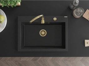 Mexen Elix, 1korový granitový dřez 700 x 500 mm, černá/stříbrná metalíza, zlatý sifon, 6526701005-73-G