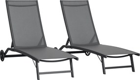 Outsunny Sada 2 venkovních zahradních lehátek s polohovacími hliníkovými lehátky, 5 úrovní opěradla a kolečka na pláž nebo bazén 165x66x102 cm Tmavě š