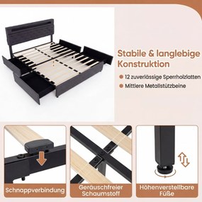 Costway Čalouněná postel s LED osvětlením Nabíjecí stanice (2 USB porty) Rám