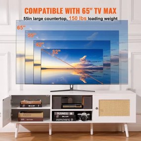 Ratanový TV stojan pro 165,1 cm TV Boho TV stojan s vestavěnou zásuvkou bílá