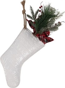 Bílá kovová vánoční závěsná dekorace punčocha se zelení a mašlí - 25*6*62 cm